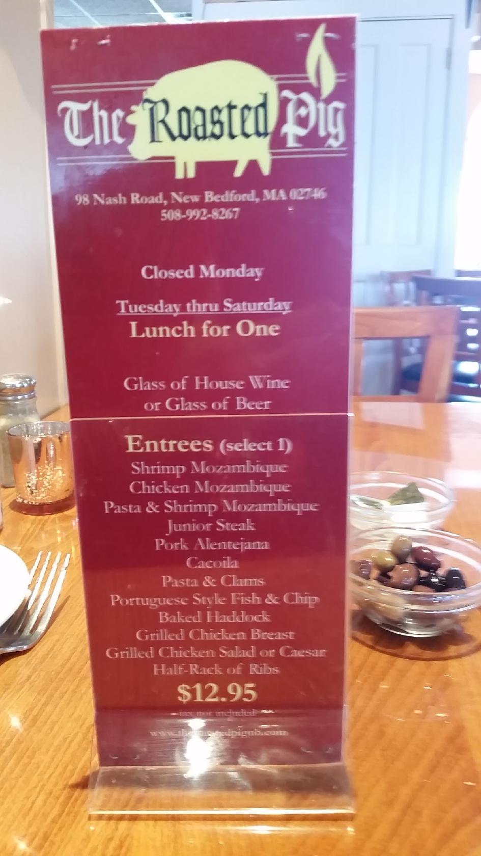 Menu at The Roasted Pig restaurant, New Bedford