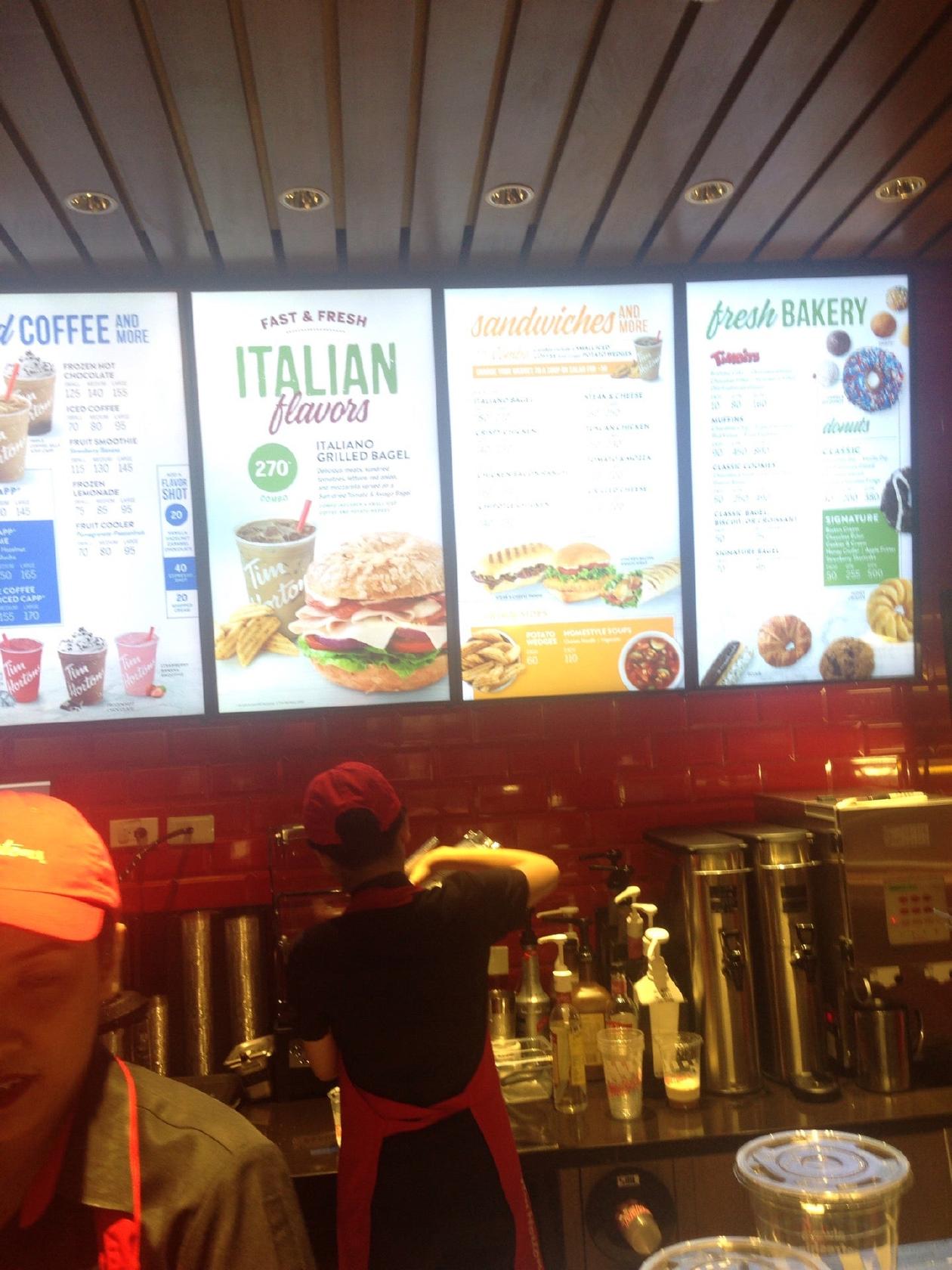 Menu at Tim Hortons cafe, Makati, West St