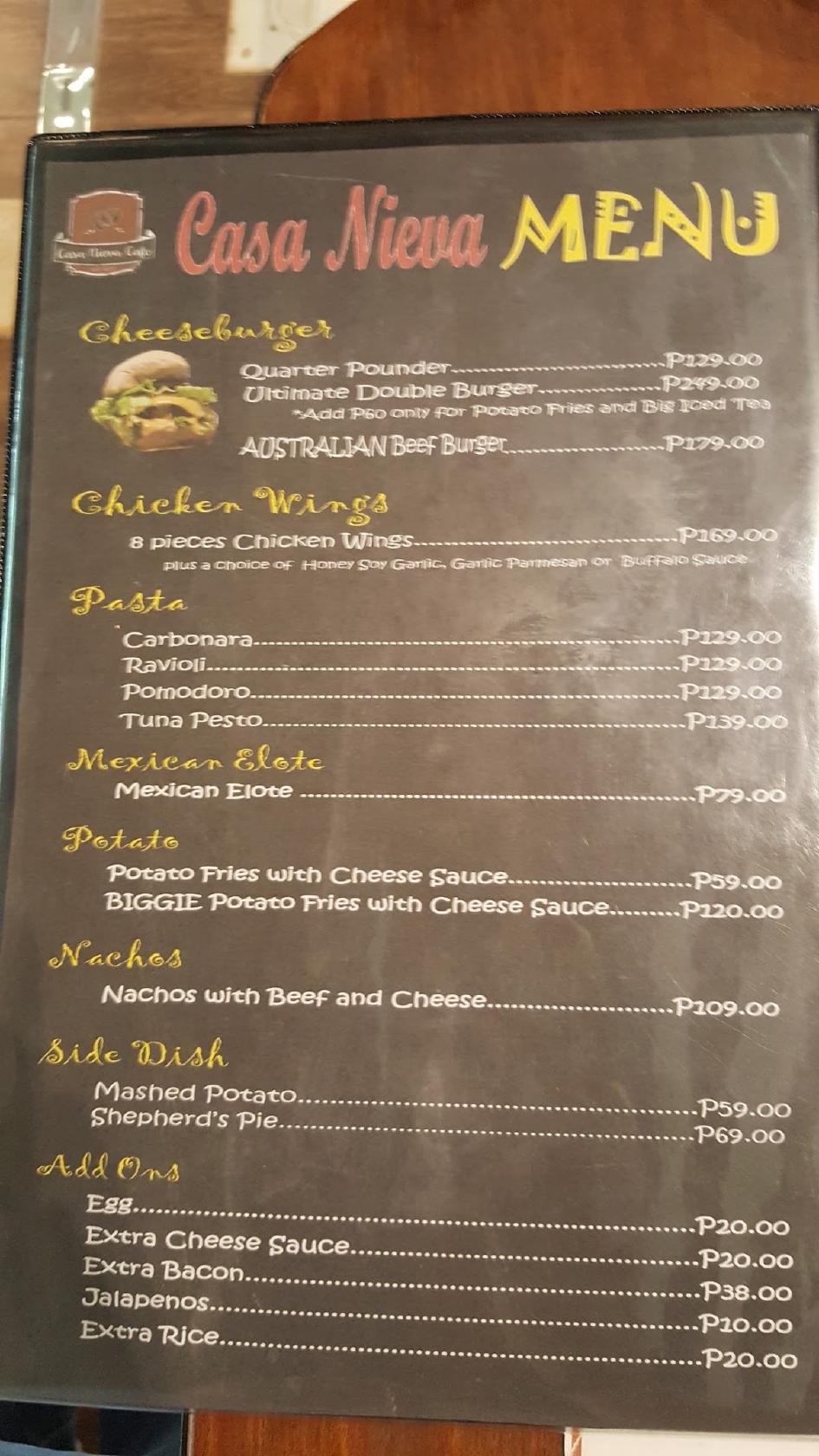 Menu at Casa Nieva Cafe, Biñan, Teodora St