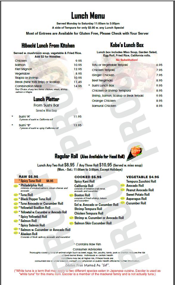 Menu at Kobe's Japanese Steak House and Sushi Bar, Bismarck