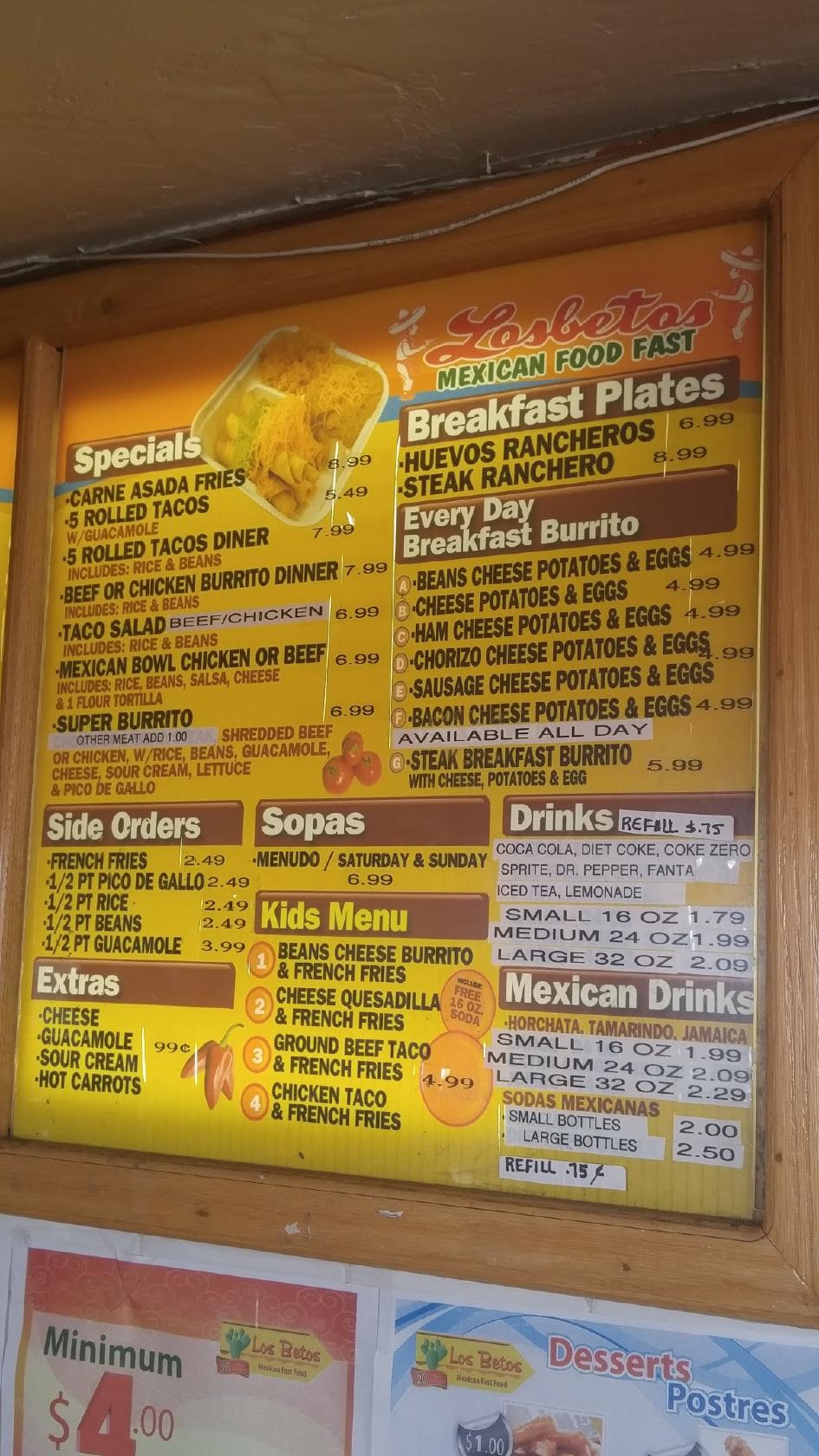 Menu at Los Betos Mexican Food restaurant, Tucson, N Oracle Rd