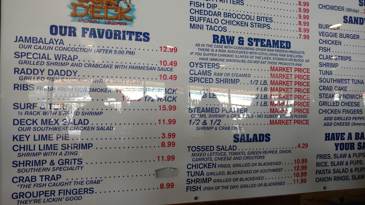 Menu at Our Deck Down Under restaurant, Port Orange
