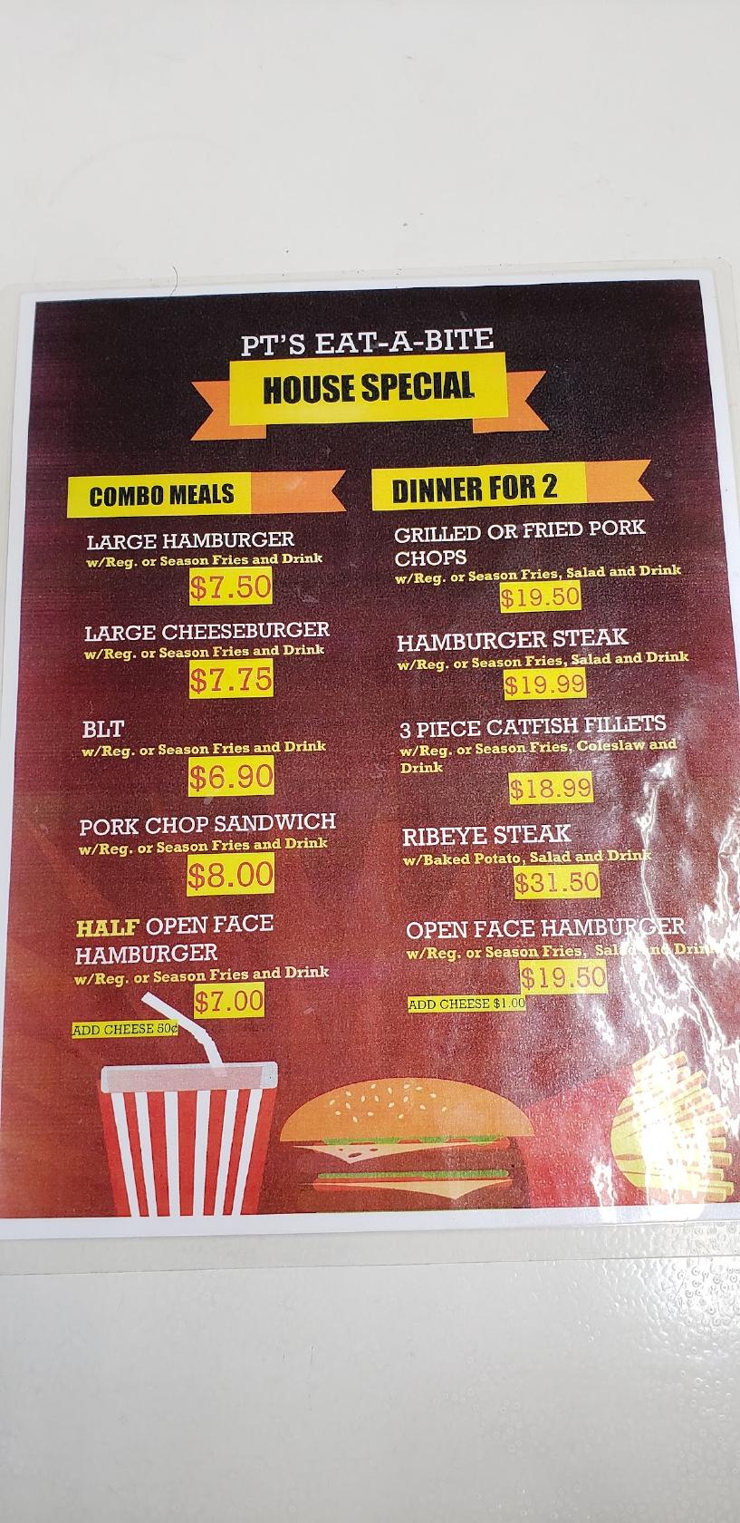 Menu at P T's Eat-A-Bite restaurant, Bastrop