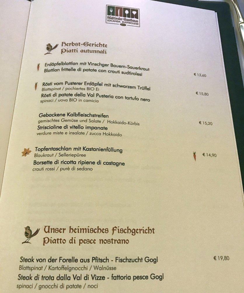 Speisekarte von fink Restaurant & Suites, Brixen, Via Portici Minori