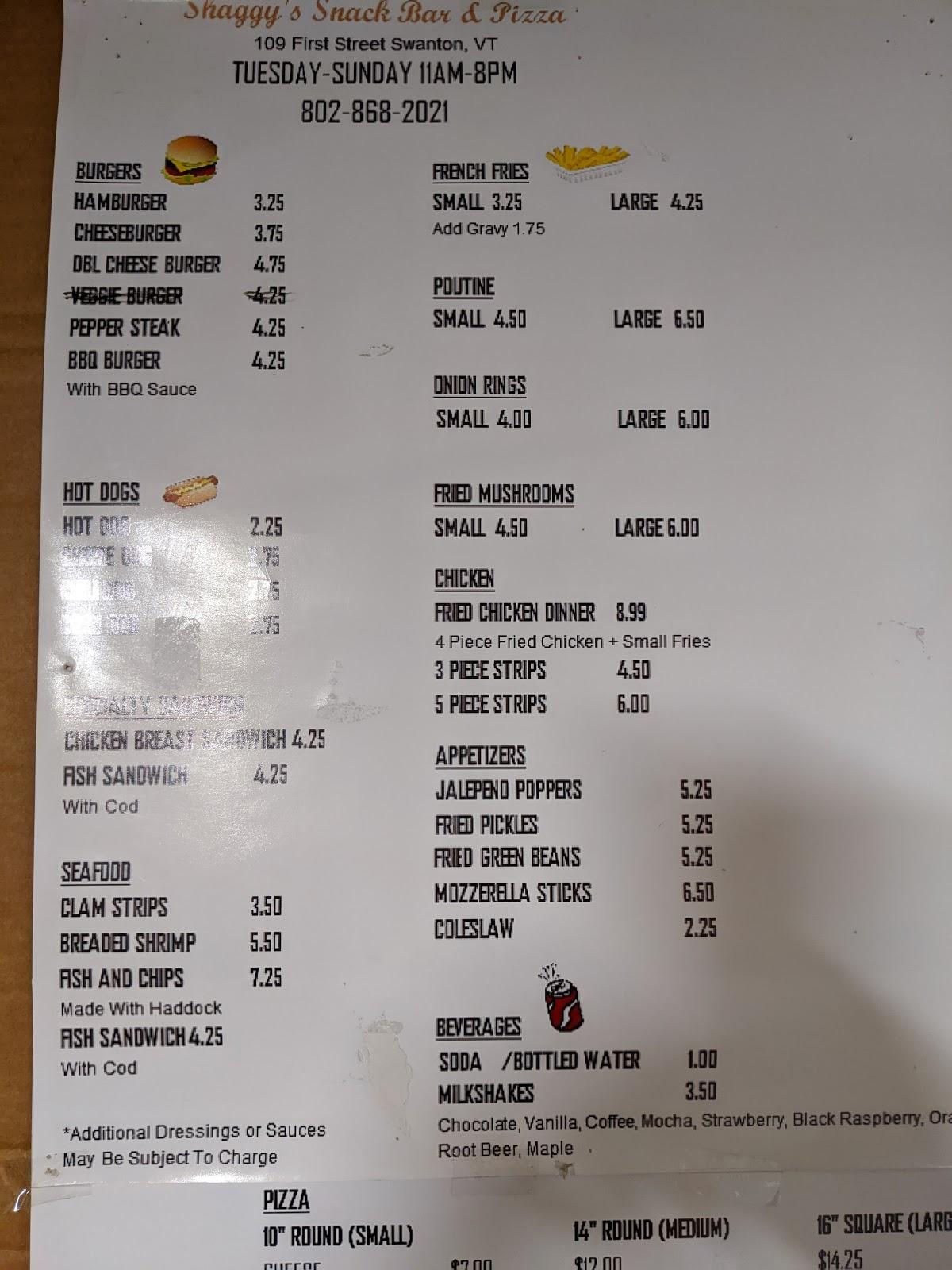 Menu at Shaggy's Snack Bar, Swanton