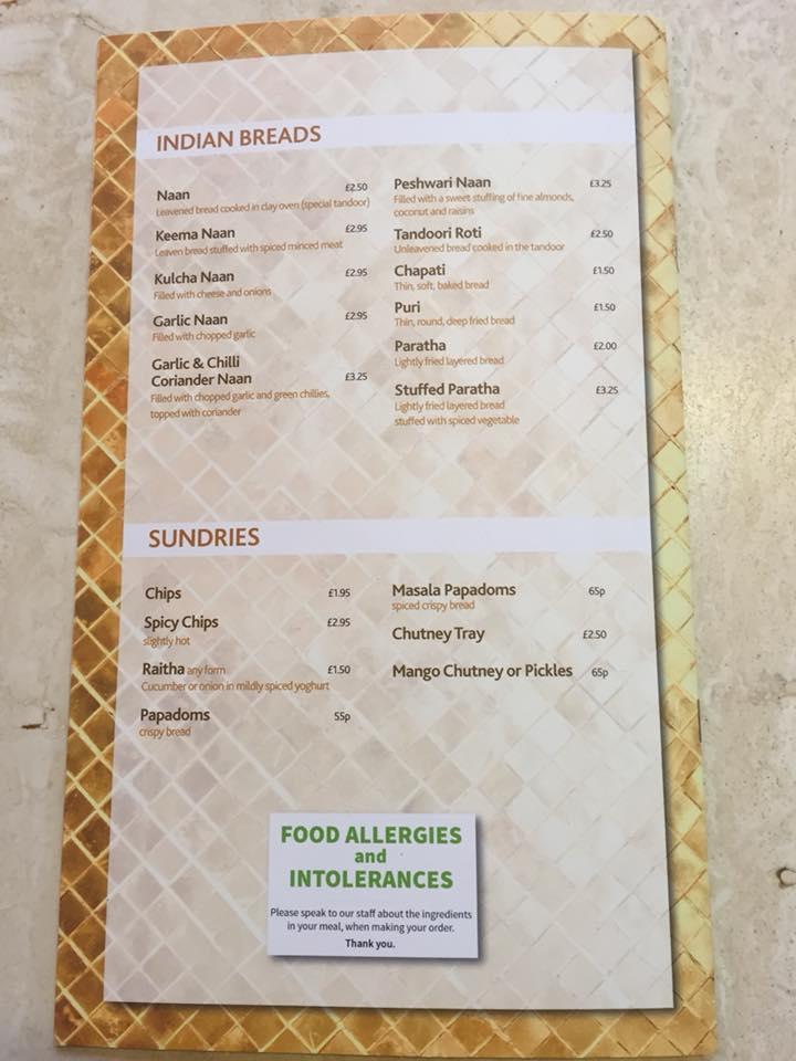 Menu at The Golden curry restaurant, The Mumbles