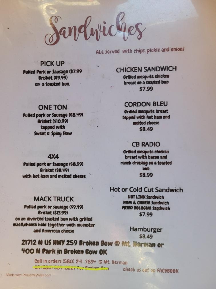Menu at Truckin Good BBQ, Broken Bow, N US Hwy 259