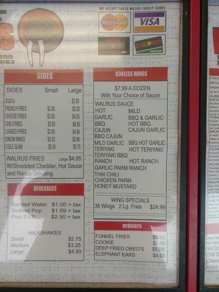 Menu at Walrus Subs restaurant, Youngstown