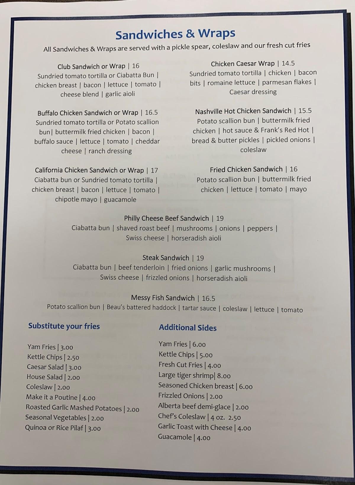 Menu at Winners Sports Bar, Cornwall
