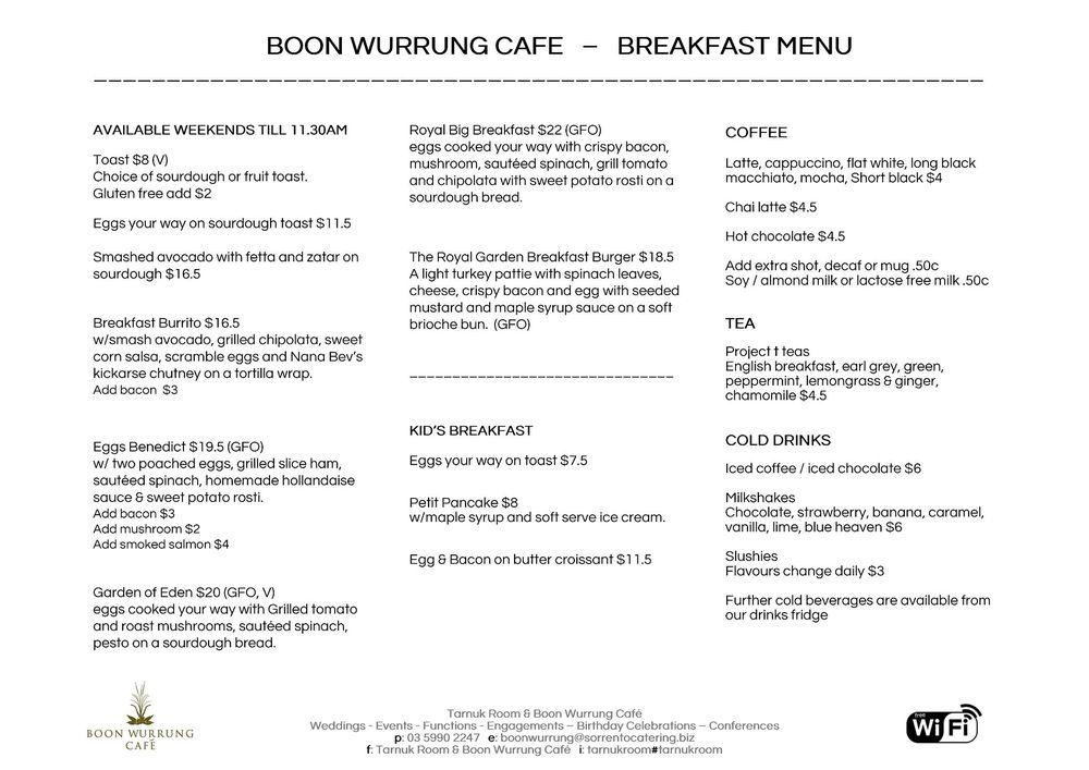 Menu at Boon Wurrung Cafe, Cranbourne