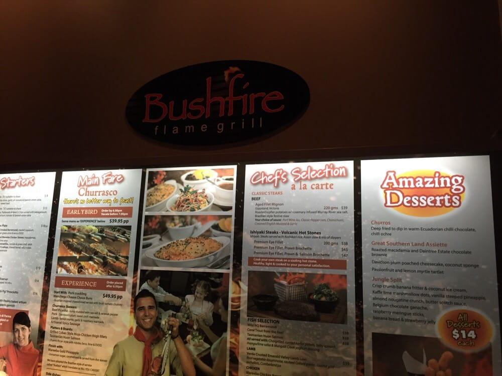 Menu at Bushfire Flame Grill restaurant, Cairns, 43 Esplanade