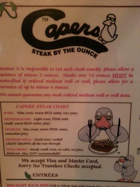 Menu at Capers steakhouse, Detroit