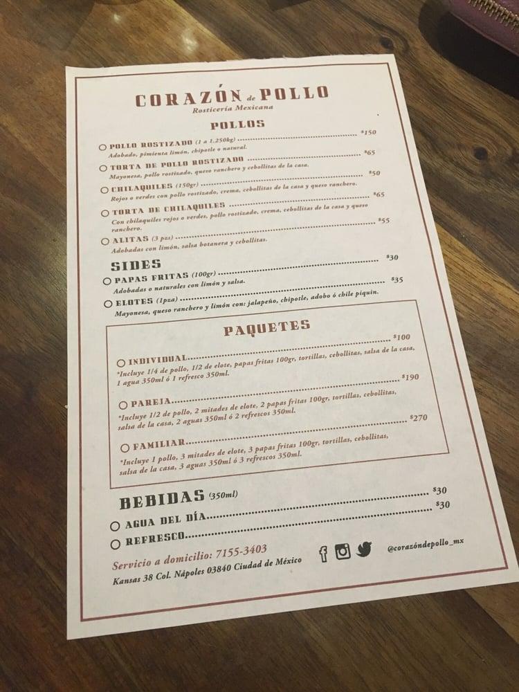 Menu at Corazón de pollo restaurant, Ciudad López Mateos, C. Kansas 38
