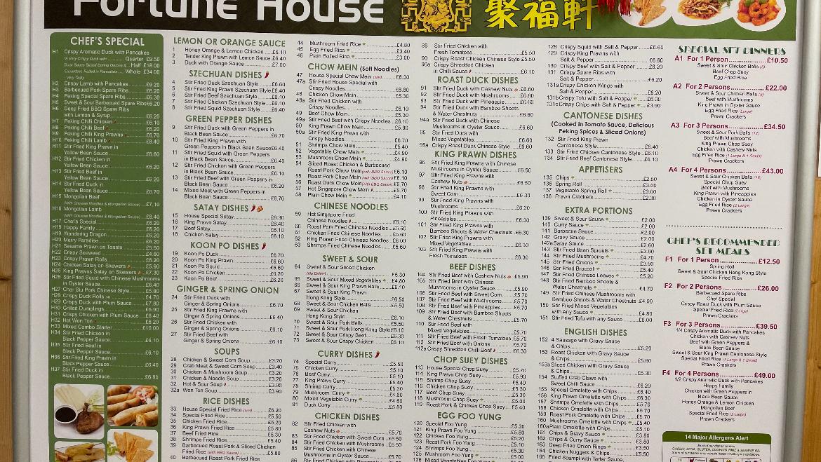 Menu at Fortune House Chinese Take Away fast food, Wells-next-the-Sea
