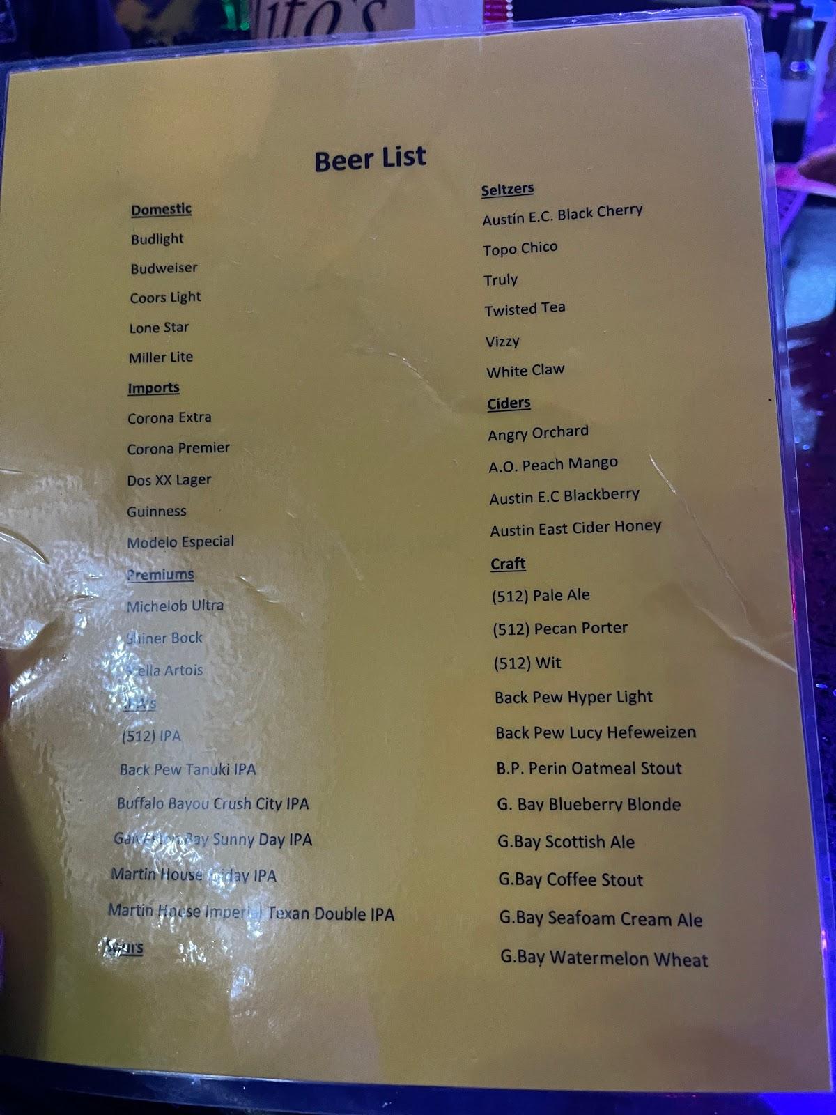 Menu at Kemah Shot Bar, Kemah