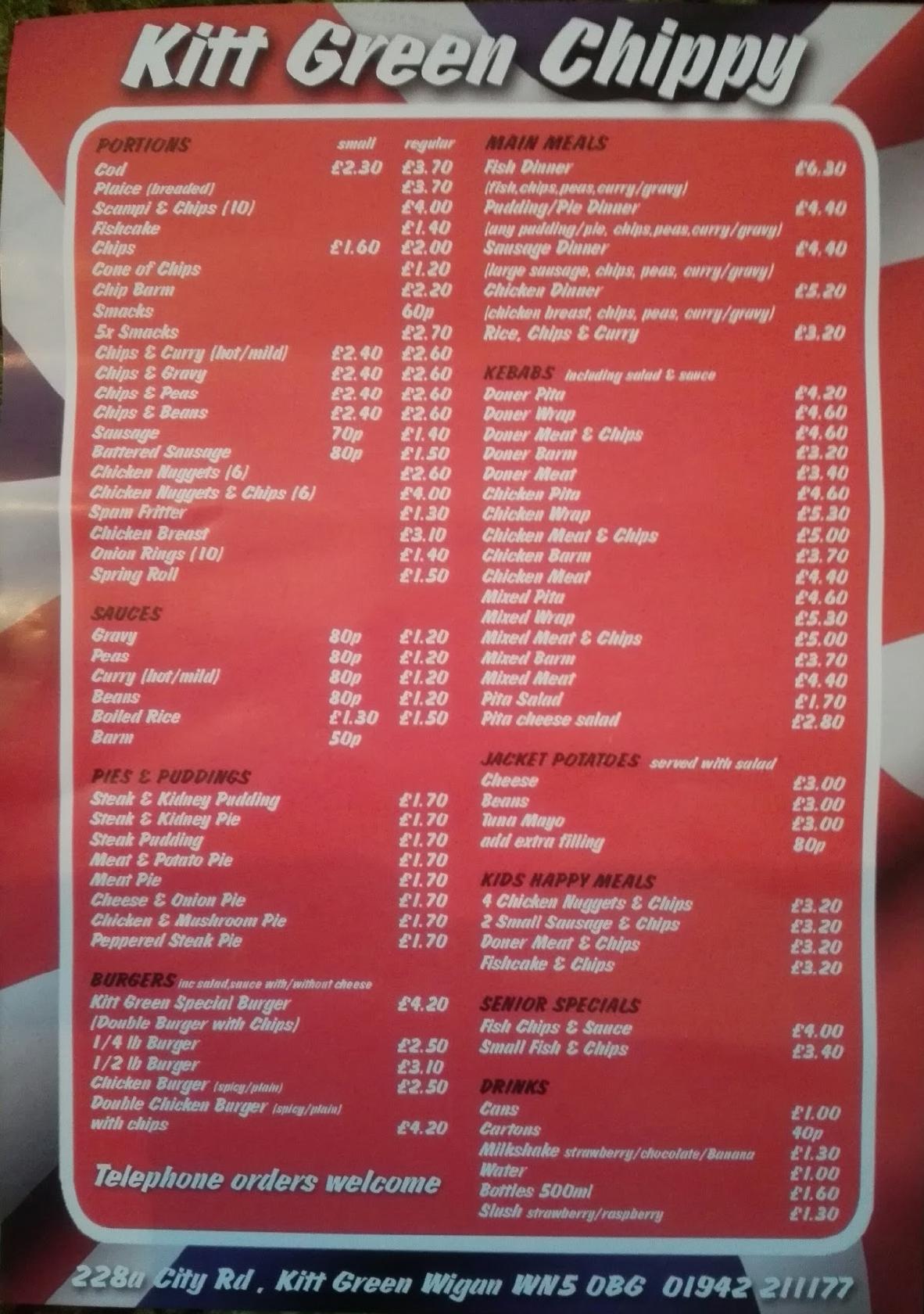 Menu at Kitt Green Chippy fast food, Wigan