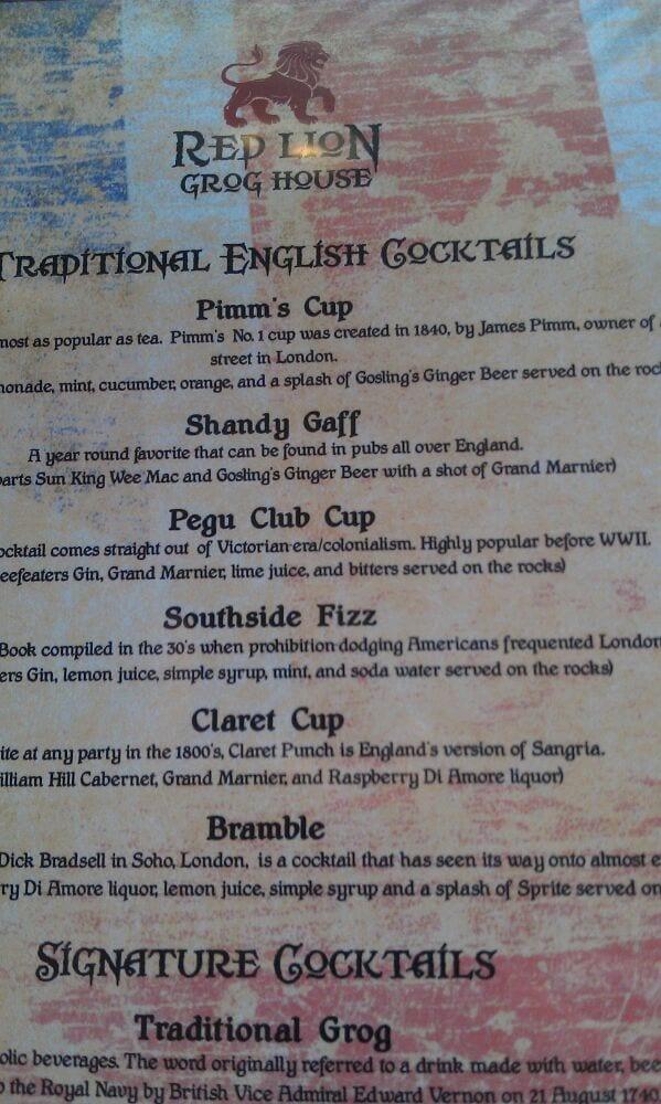 Menu at Red Lion Grog House pub & bar, Indianapolis