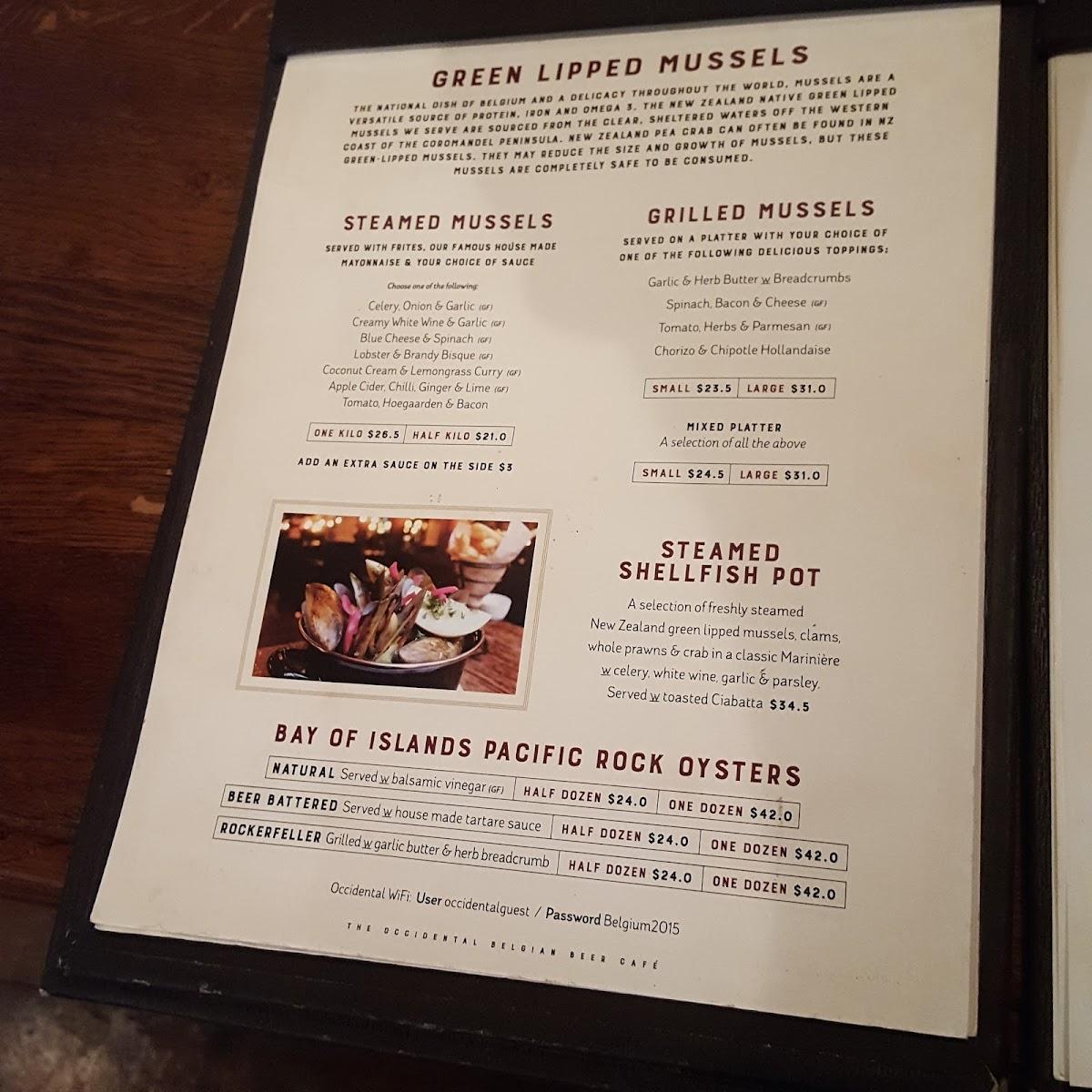 Menu at The Occidental pub & bar, Auckland