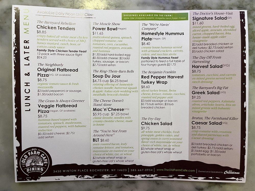 Menu at The Old Farm Cafe, Rochester