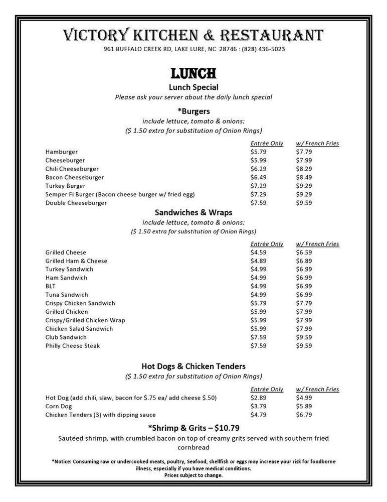 Menu at Victory Kitchen restaurant, Lake Lure