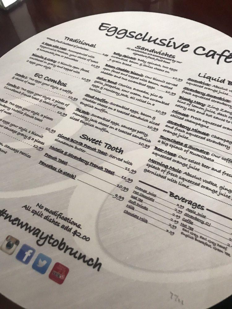 Menu at Eggsclusive Cafe, Sycamore