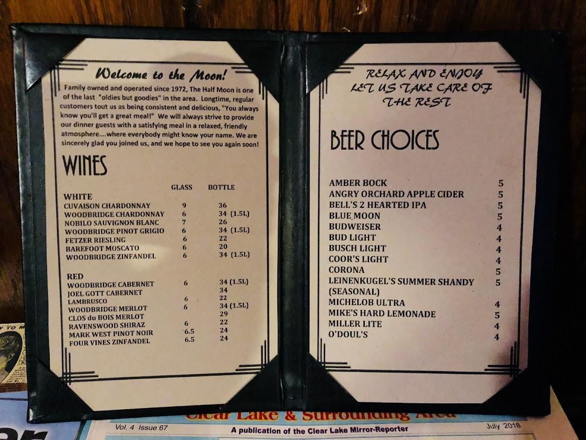 Menu at Half Moon Inn restaurant, Clear Lake
