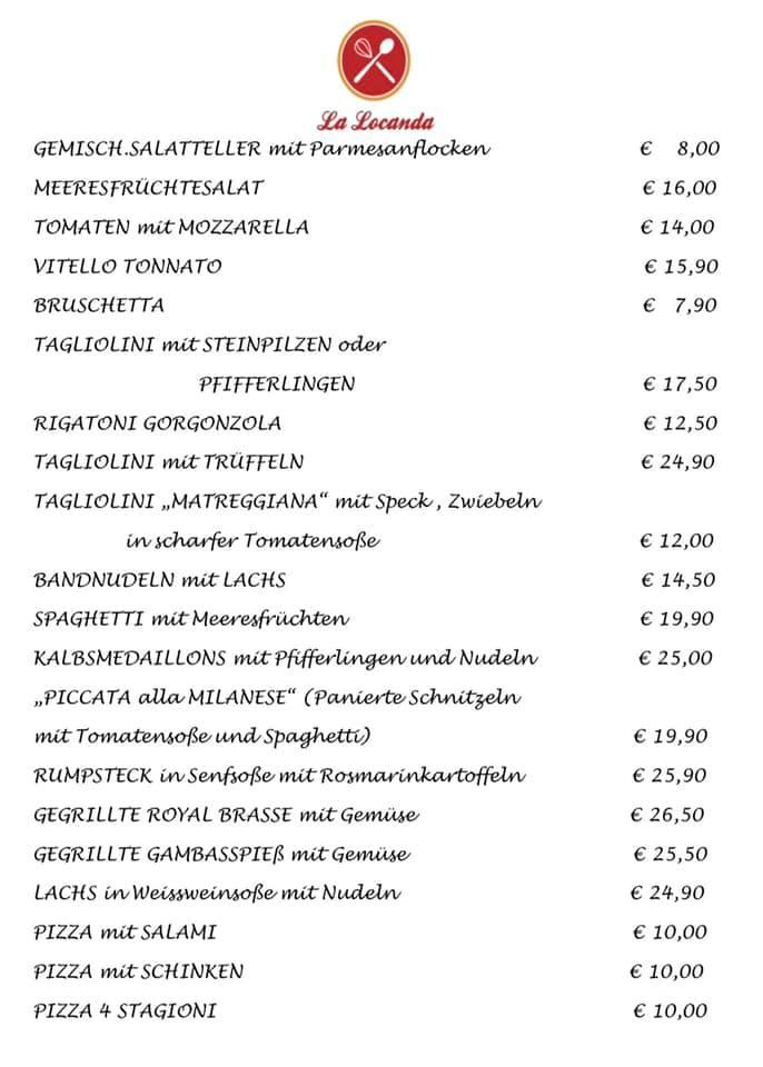 Speisekarte von La Locanda restaurant, Pforzheim