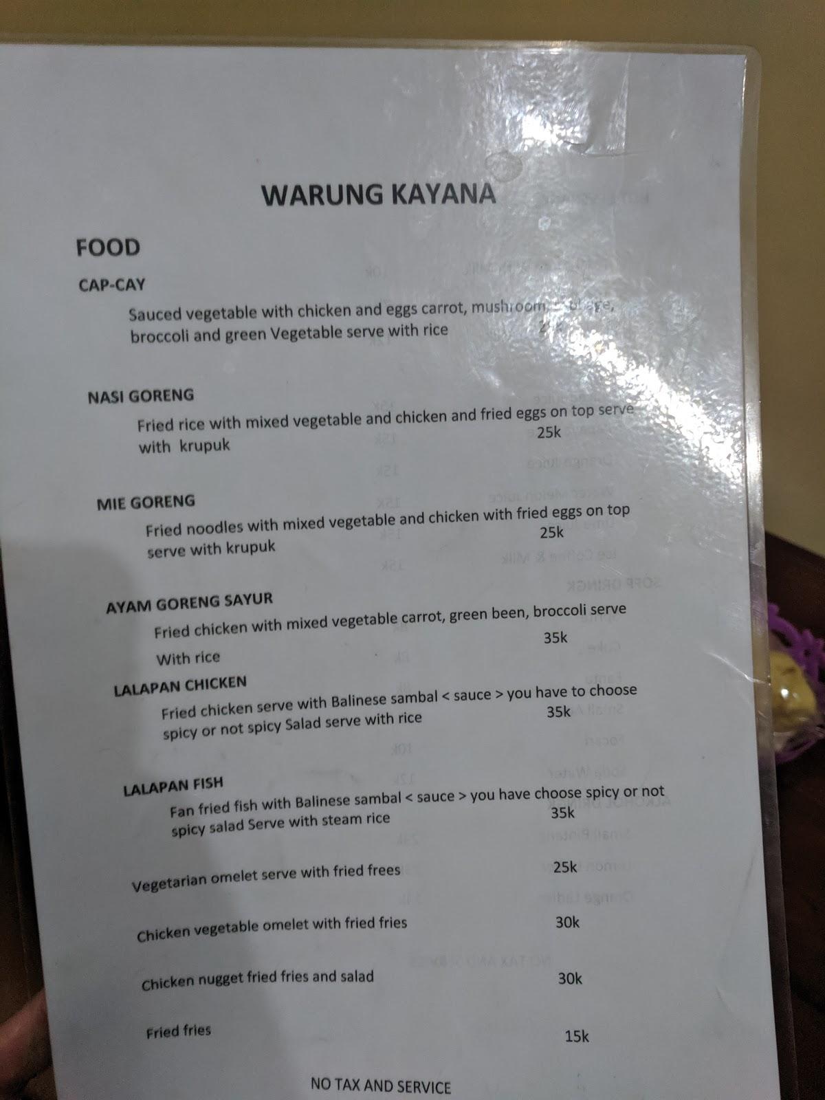 Menu at Warung Kayana restaurant, Sengkidu