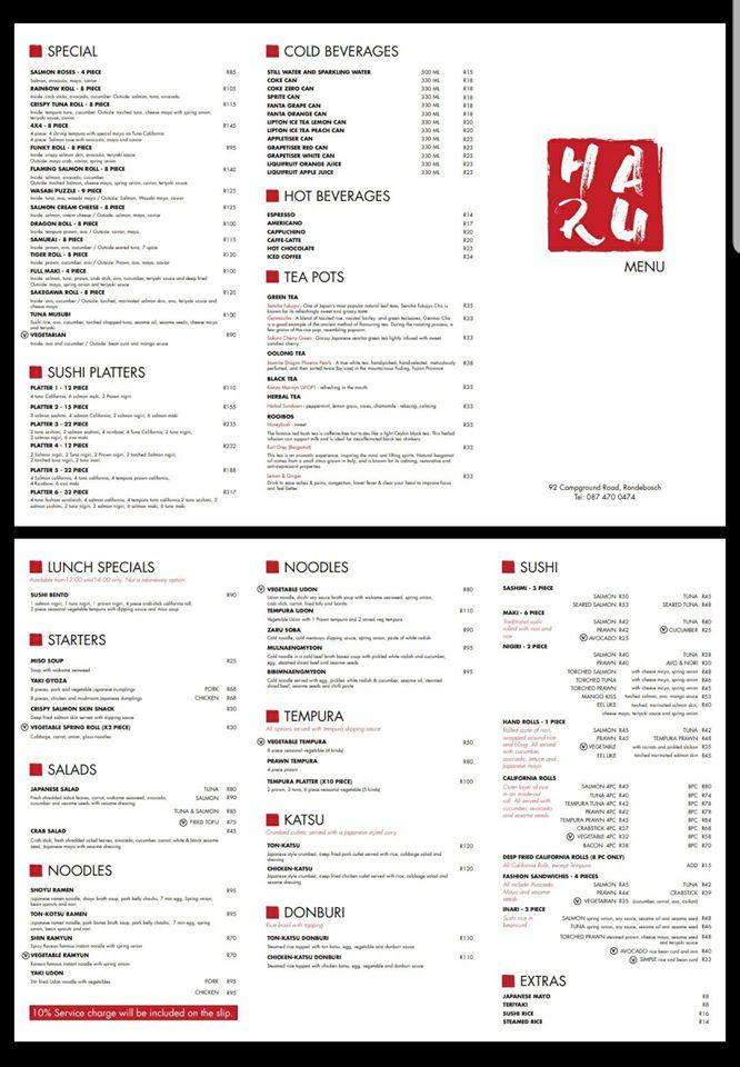 Menu at Haru restaurant, Cape Town