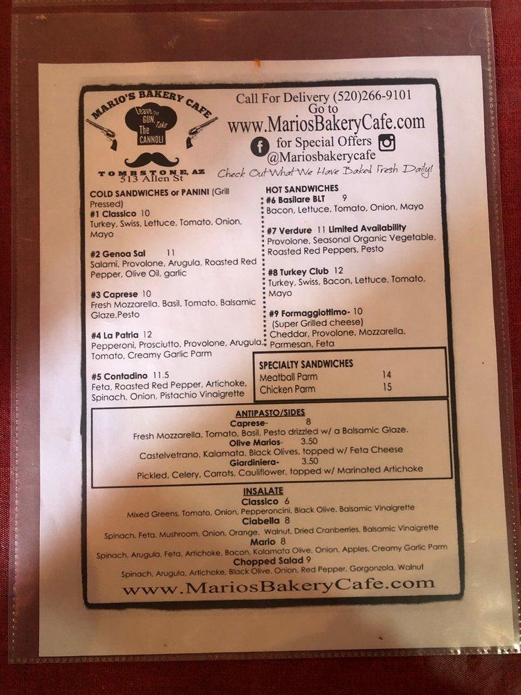 Menu at Mario's Bakery Cafe, Tombstone