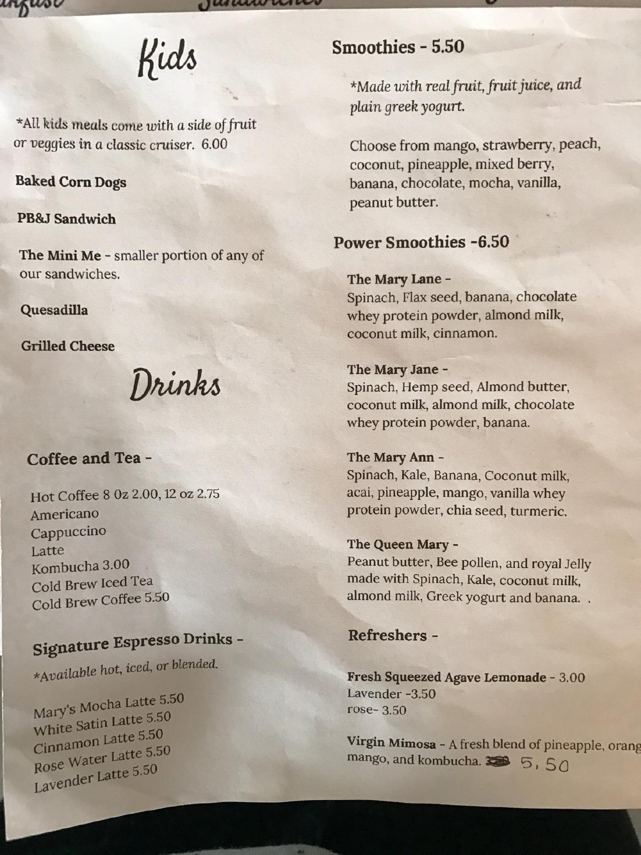 Menu at Mary Lane Cafe, San Gabriel