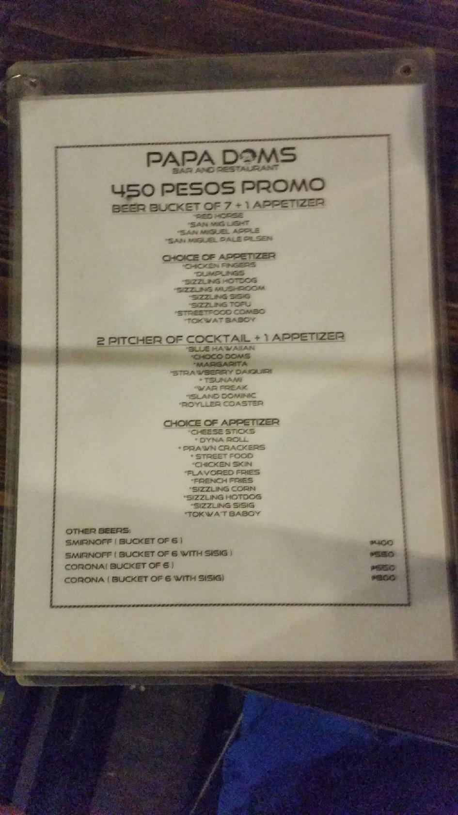 Menu at Papa Doms Bar and Restaurant - Tagaytay, Tagaytay