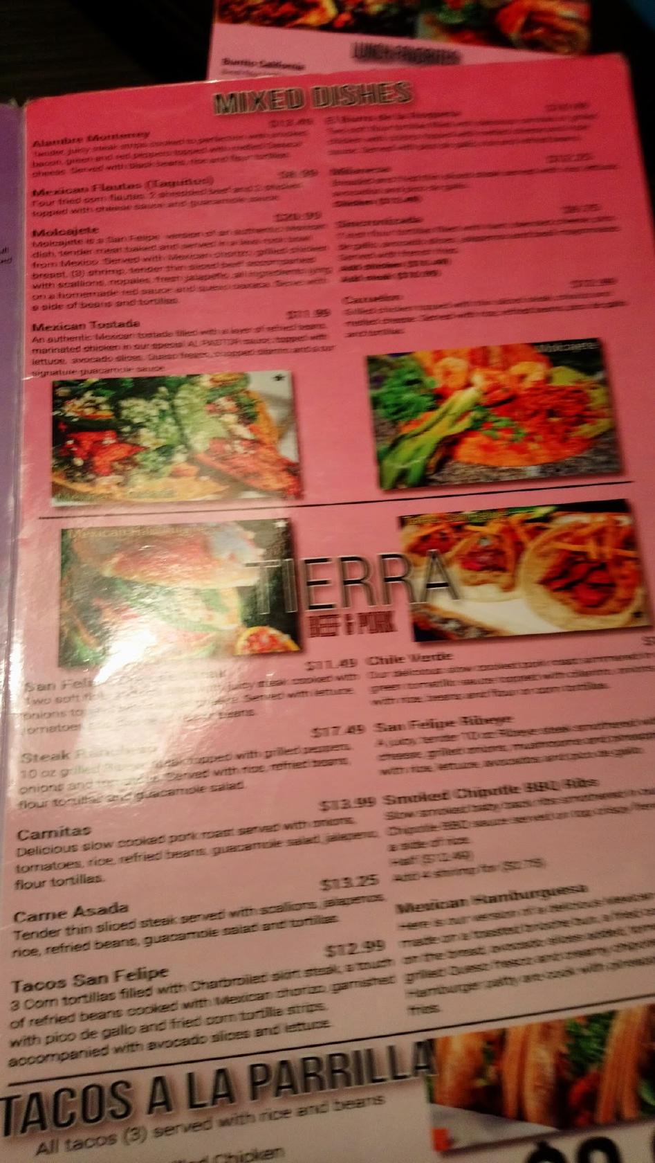Menu at San Felipe Mexican Restaurant, Aberdeen