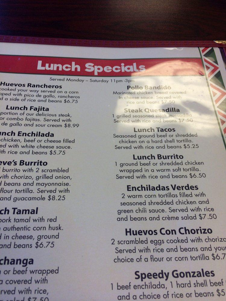 Menu at Sergio's Taqueria restaurant, Osage Beach