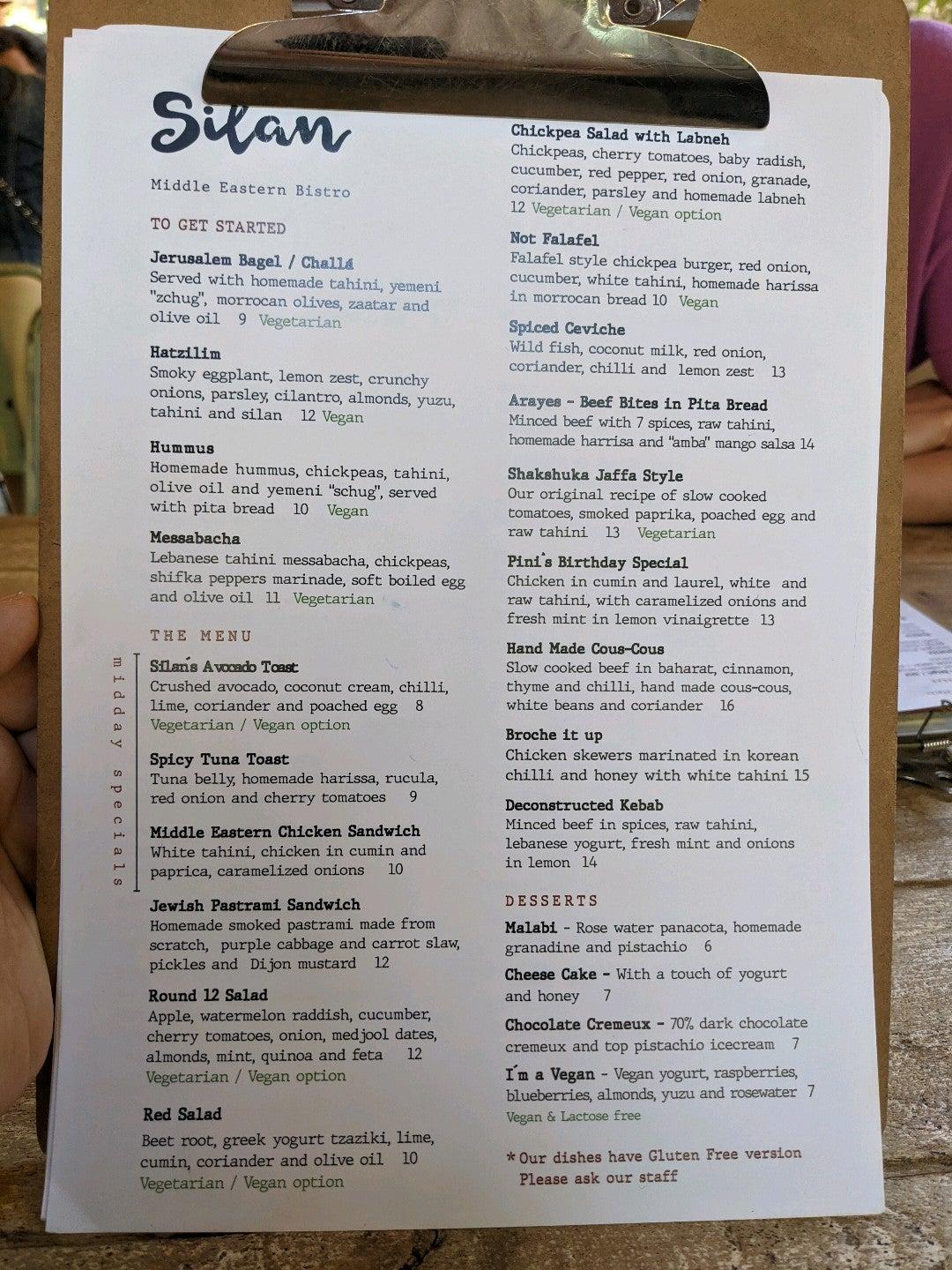 Carta del restaurante Silan, Barcelona, C. d'Enric Granados