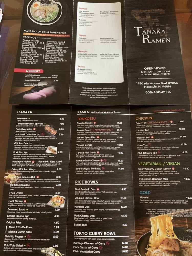 Menu at Tanaka Ramen & Izakaya restaurant, Honolulu