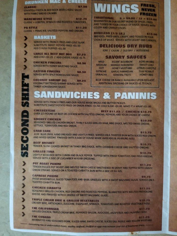 Menu at The Warehouse Tavern & Grill pub & bar, USA