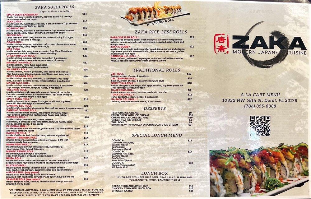 Menu at Zaka Modern Japanese Cuisine restaurant, Boca Raton
