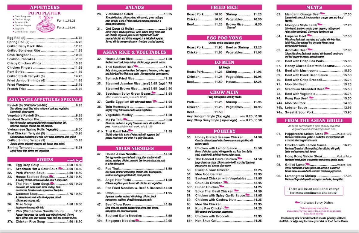 Menu at Asia Taste Cafe & Grille, Peabody