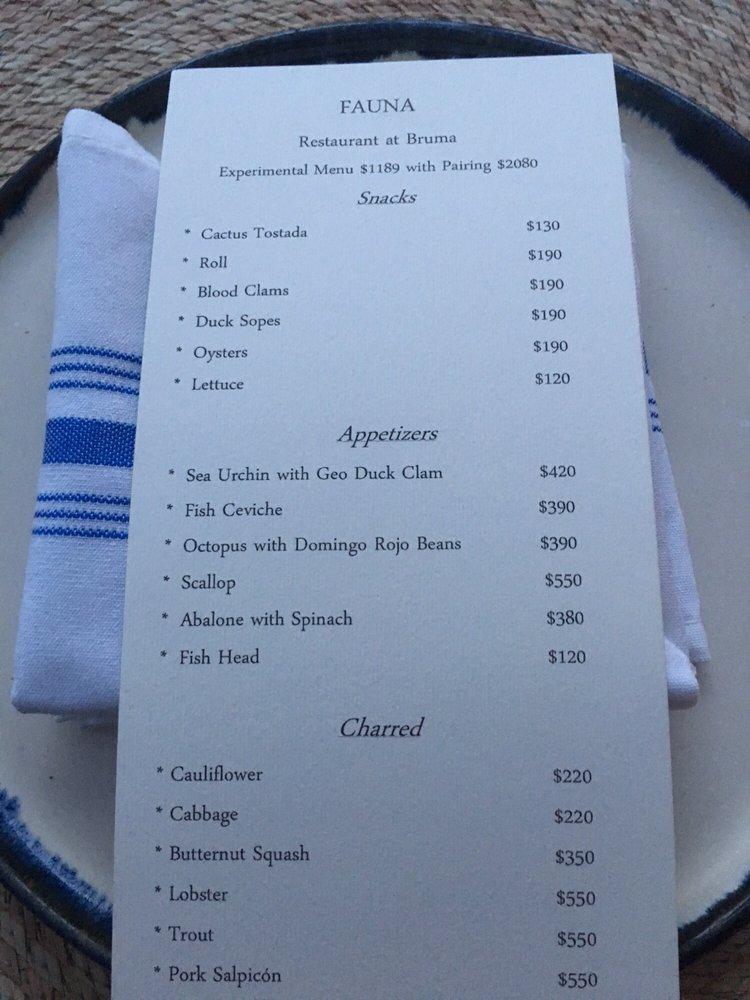 Menu at Fauna restaurant, Mexico