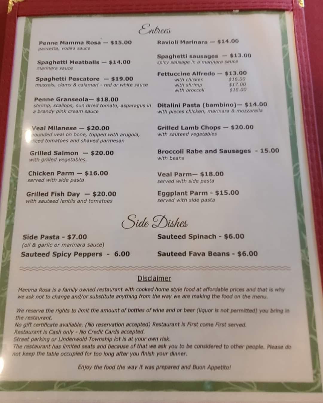 Menu at Mamma Rosa restaurant, Lindenwold