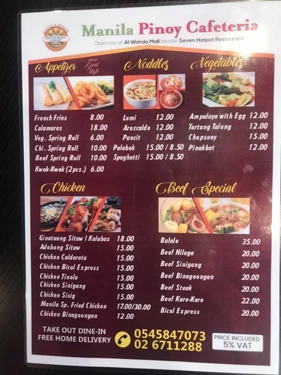 Menu at Manila Pinoy Bakery, Abu Dhabi, F9CC+PM3 - Hazza Bin Zayed ...