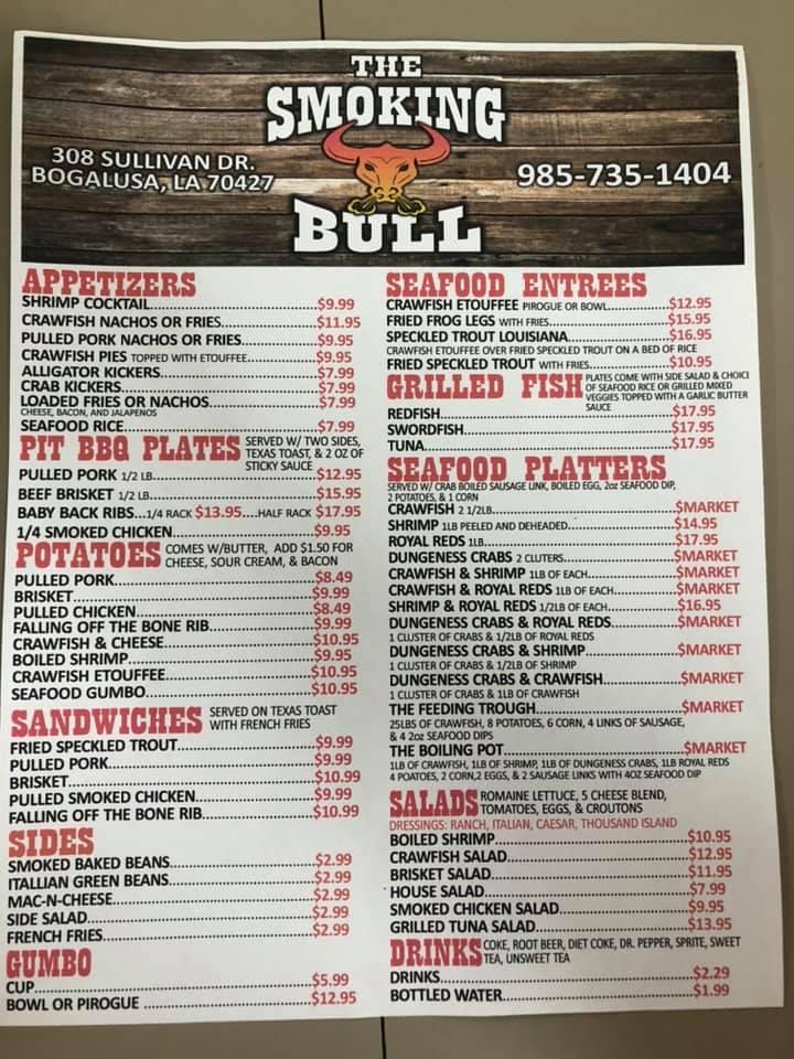 Menu at Mill Town BBQ "The Smoking Bull", Bogalusa