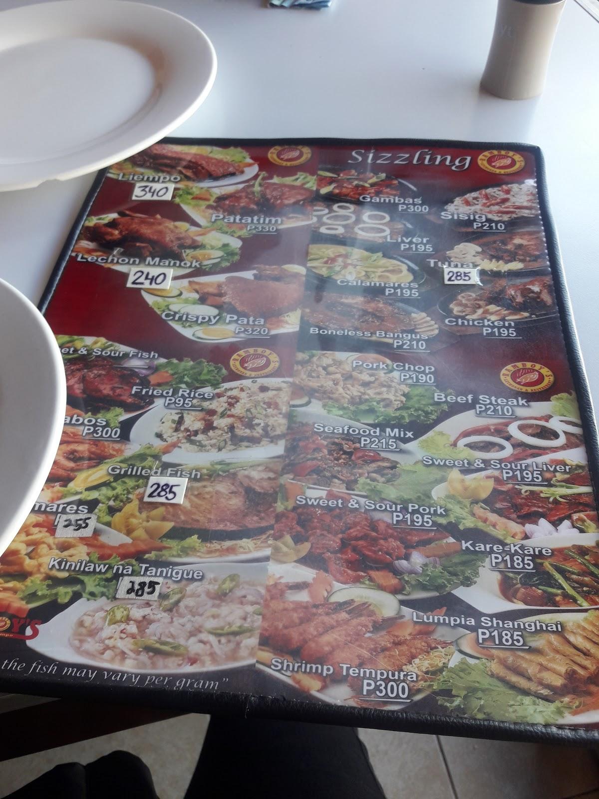 Menu at Ramboys restaurant, Kalibo