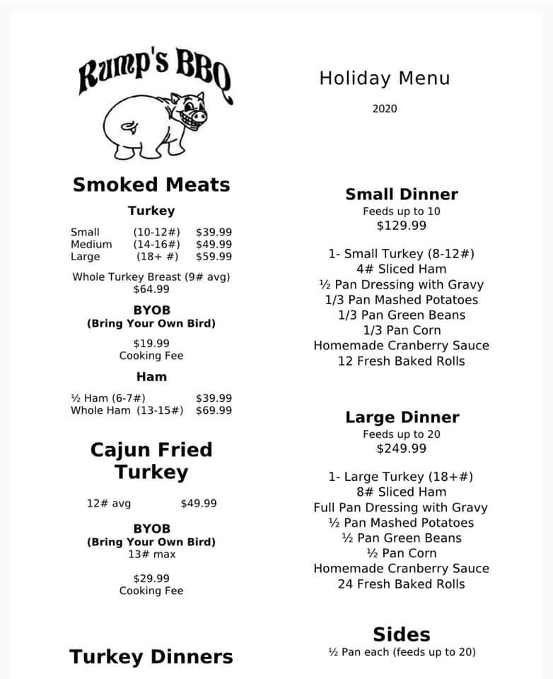 Menu at Rump's BBQ, USA, 120 Farm-To-Market Rd 3328