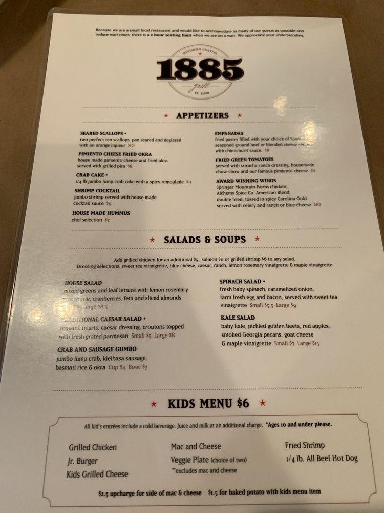 Menu at 1885 Grill restaurant, Chattanooga, St Elmo Ave