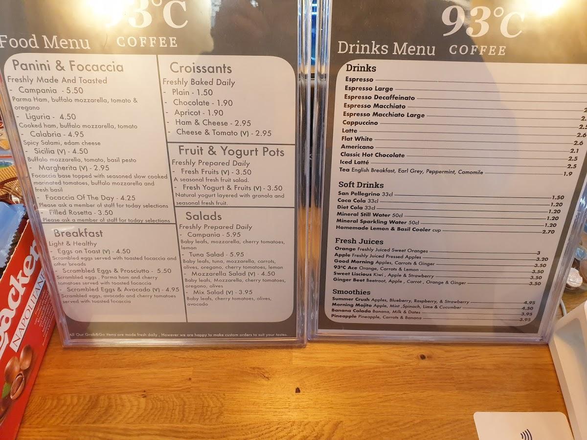 Menu at 93º Coffee cafe, London
