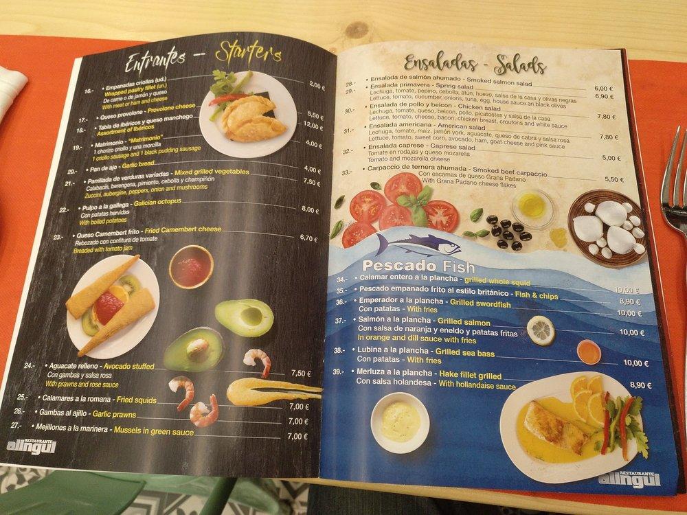 Menu at Alingui restaurant, Torrevieja, LOS BALCONES