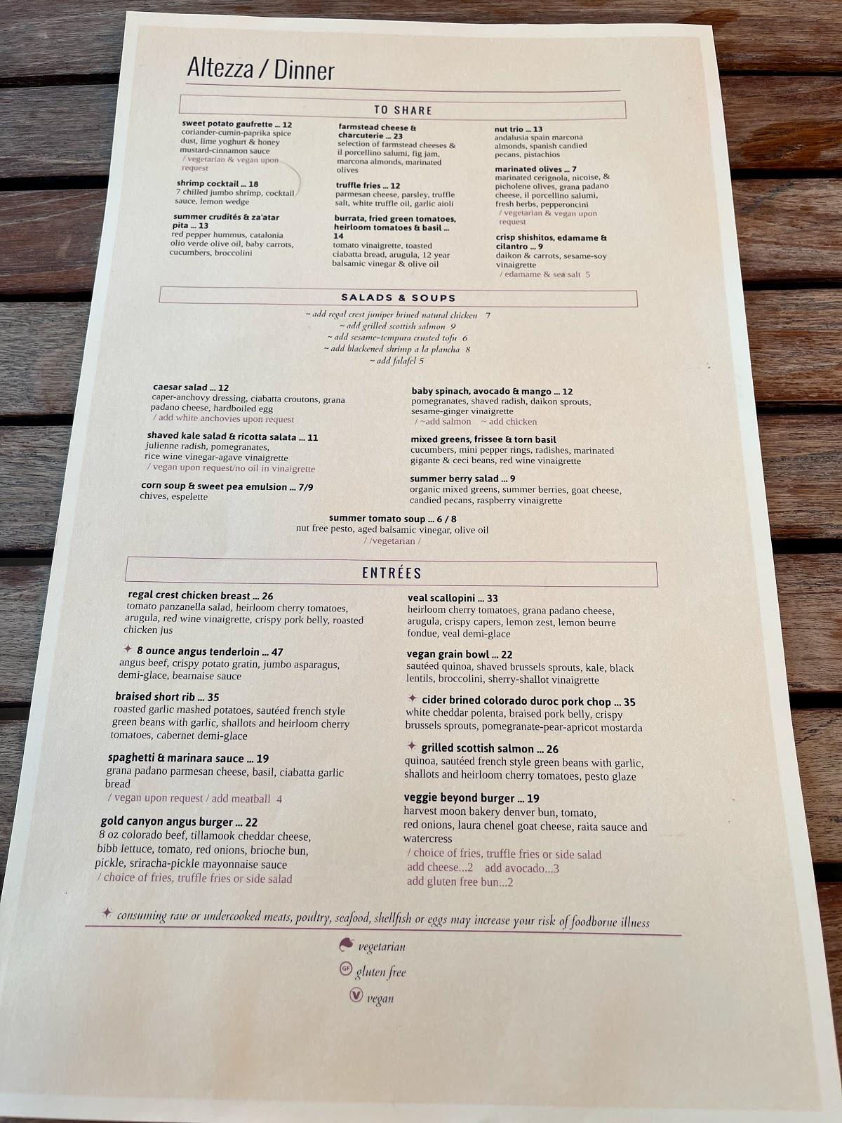 Menu at Altezza at the Peaks restaurant, Telluride