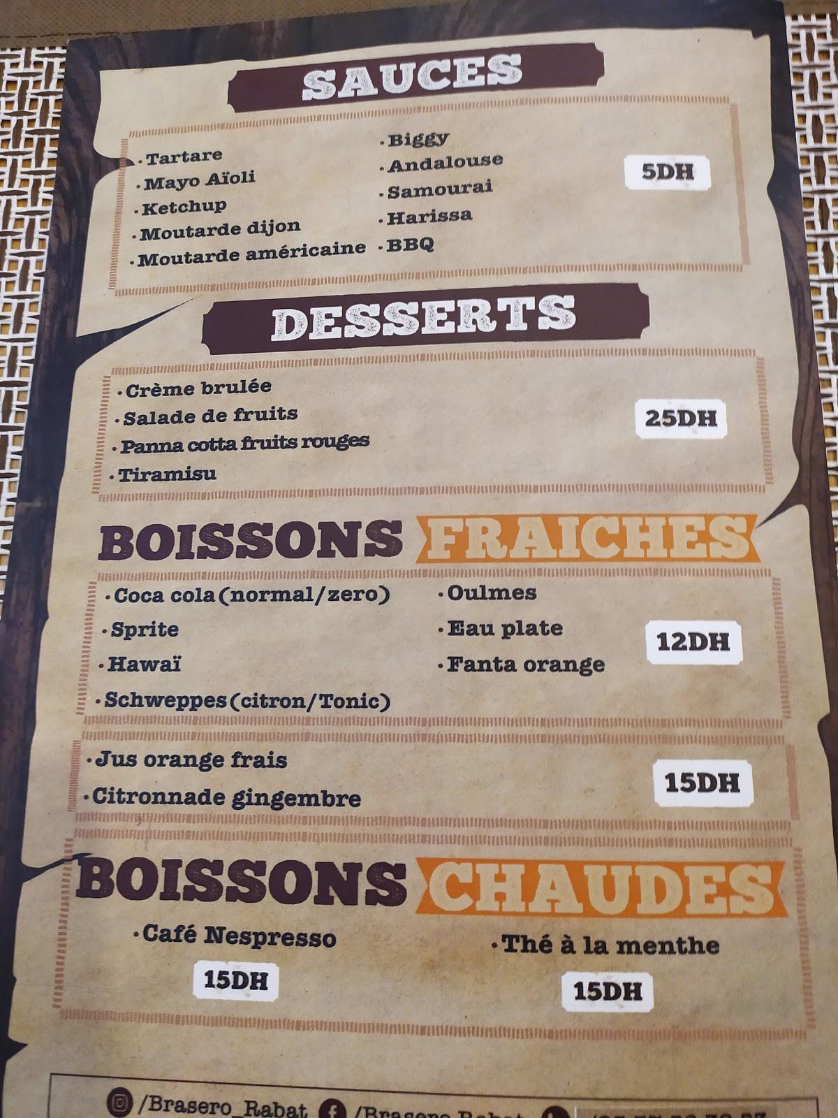 Menu au Brasero restaurant, Rabat